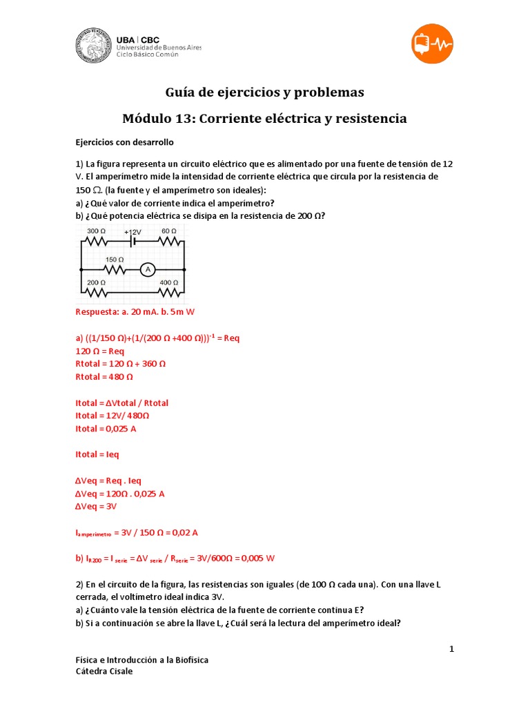 Guía de Ejercicios Módulo 13 | PDF | Resistencia Eléctrica y Conductancia | voltaje