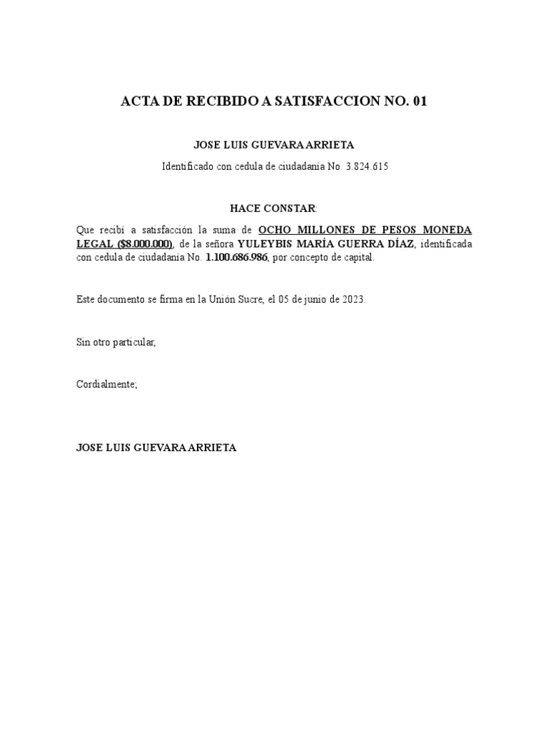 Acta de Recibido A Satisfaccion | PDF