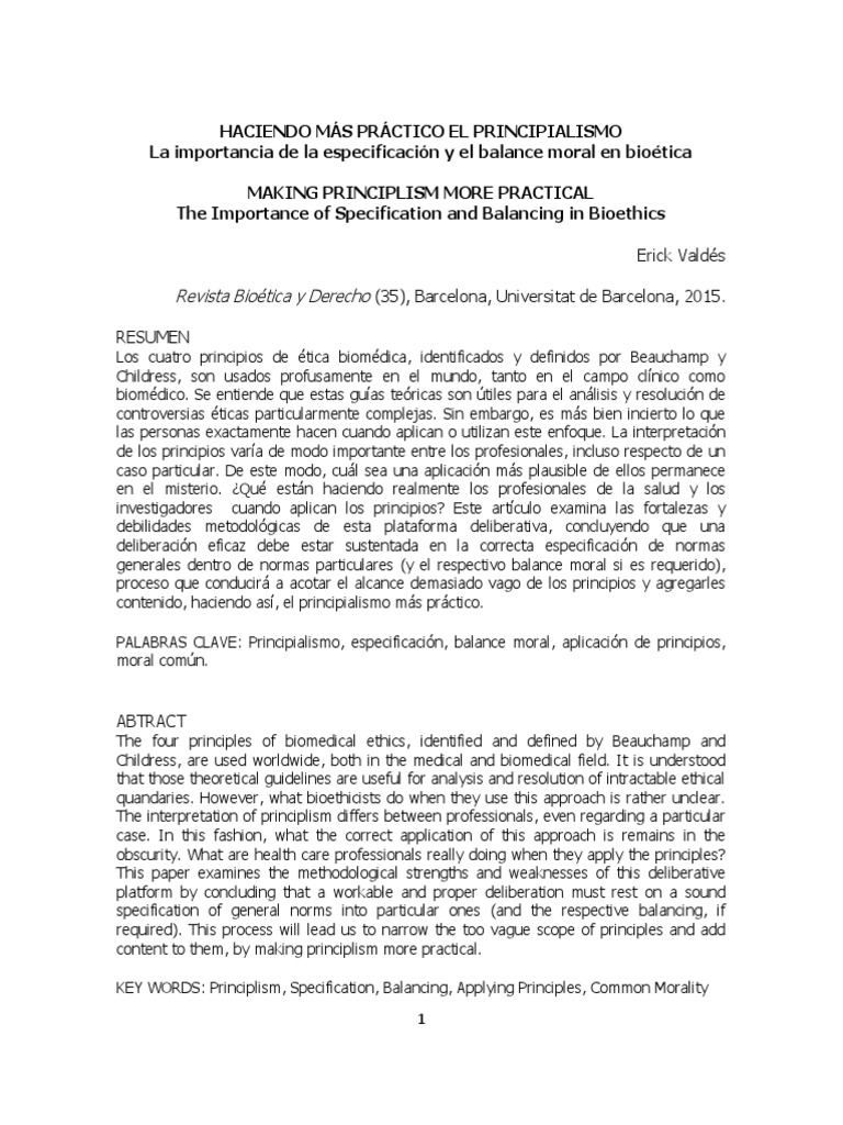 Valdes e Haciendo Mas Practico El Principialismo | PDF | Bioética ...