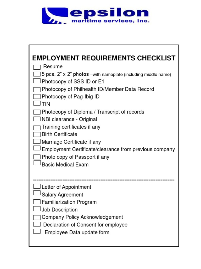 Pre Employment Checklist Epsilon - Rev | PDF