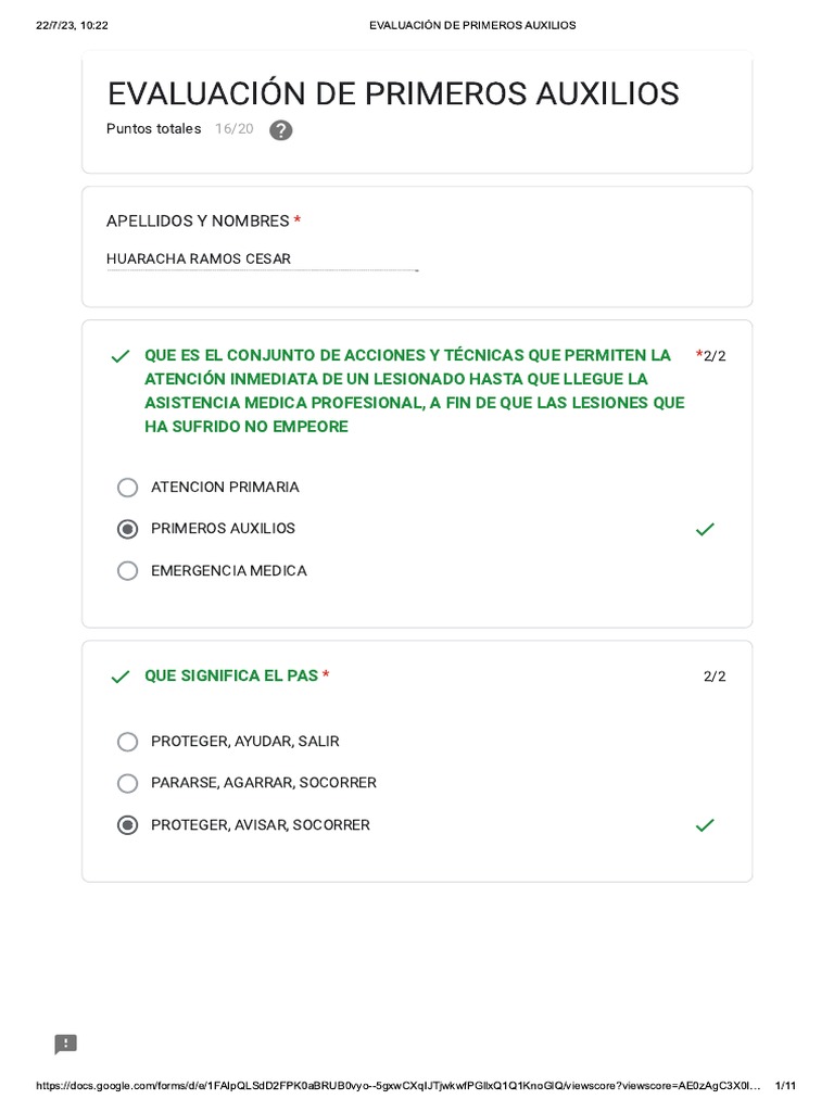 Evaluación de Primeros Auxilios | PDF