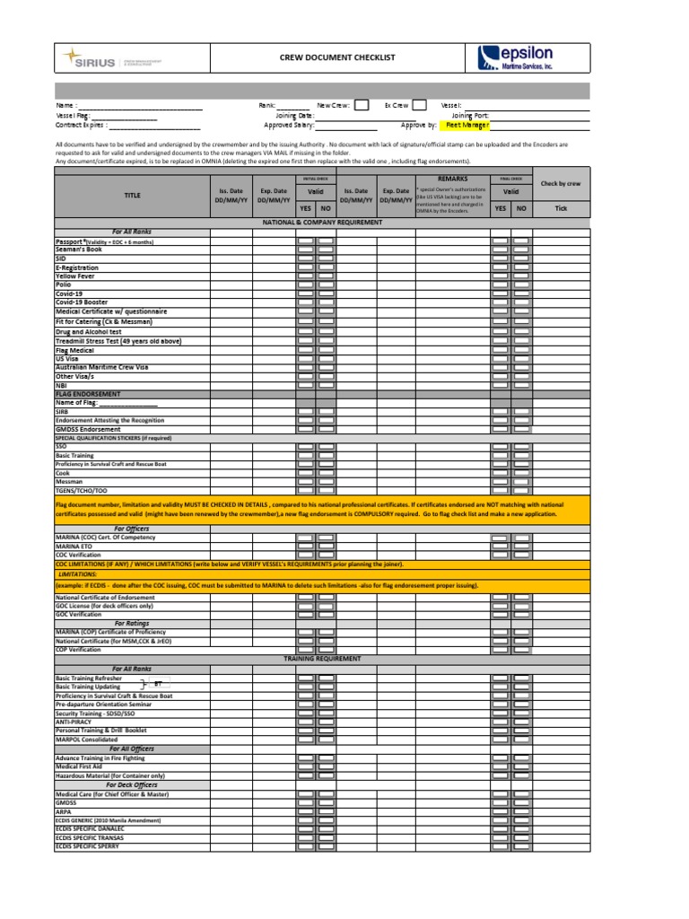 SIRIUS - Crew Document Checklist As of 10.05.2023 | PDF | Water ...