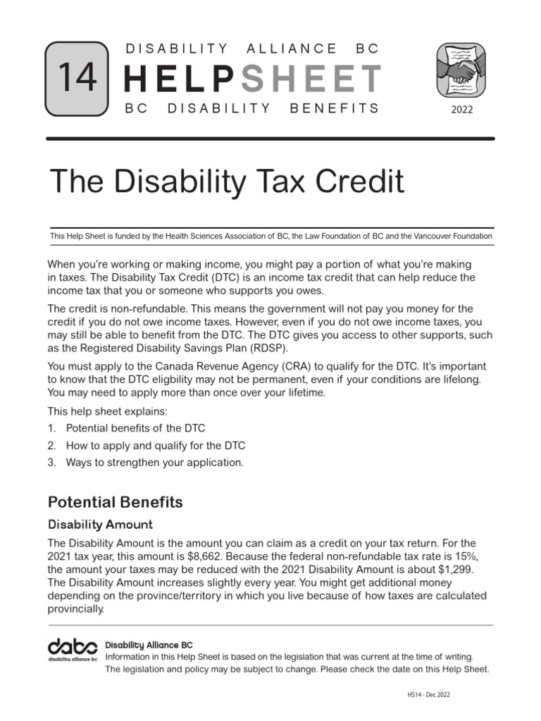 Disability Tax Credit Instructions | PDF | Taxes | Disability