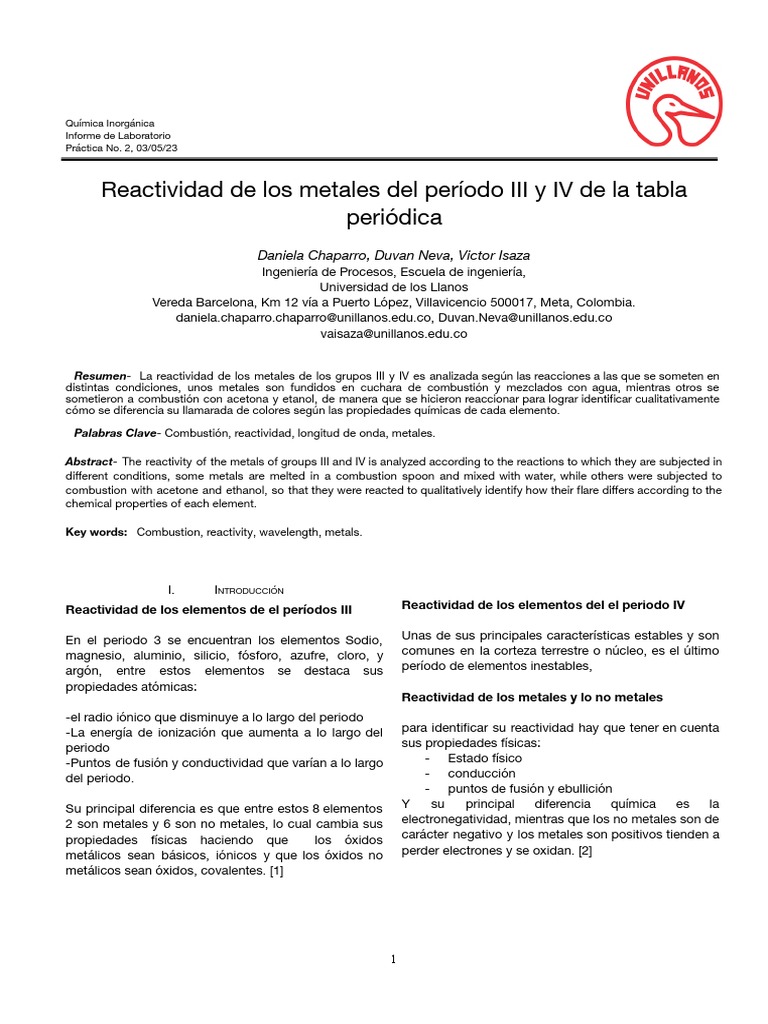 Reactividad de Los Metales Del Período III y IV de La Tabla Periódica ...