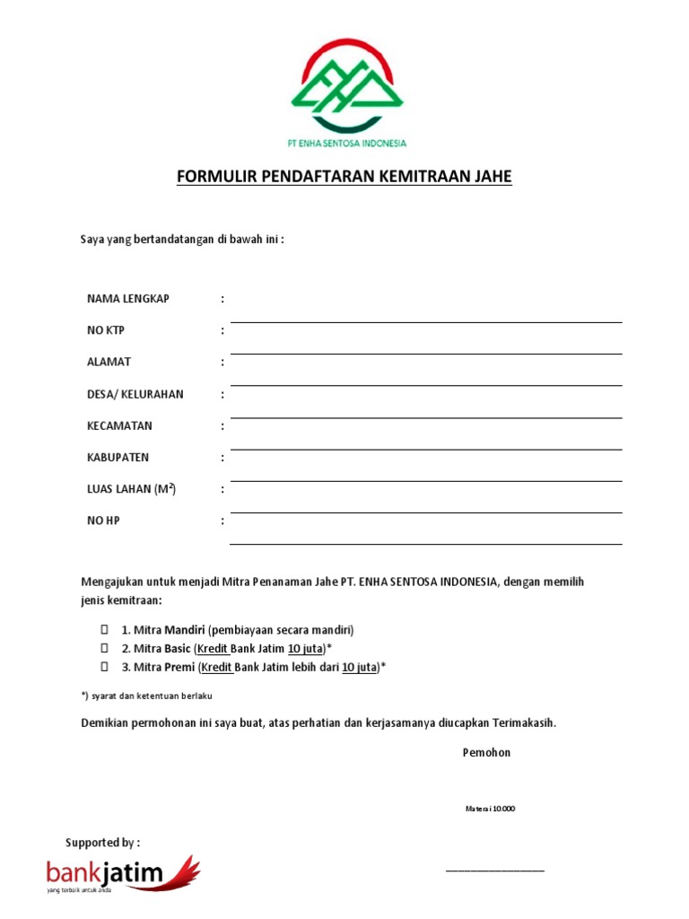 Formulir Pendaftaran Kemitraan Jahe | PDF
