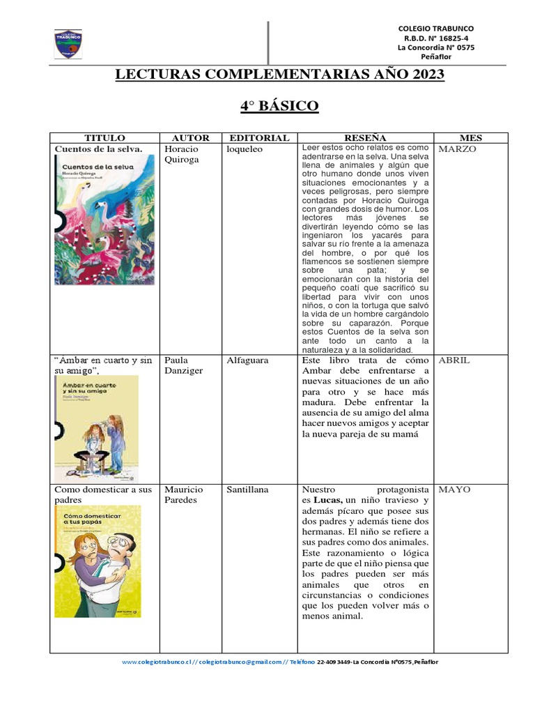 Lecturas Complementarias 4° Basico 2023 | PDF