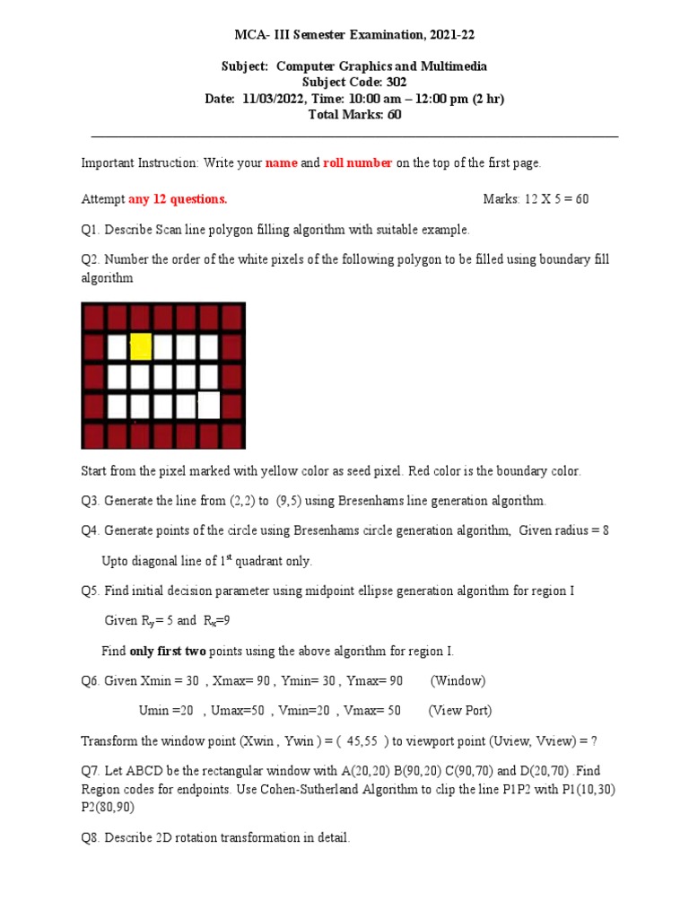 MCA Computer Graphics Exam Questions | PDF | Graphics | Computer Vision