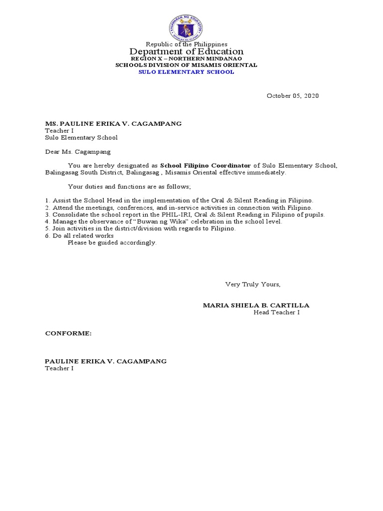 Designation Letter of Coordinatorship of Teachers in Pauline | PDF ...