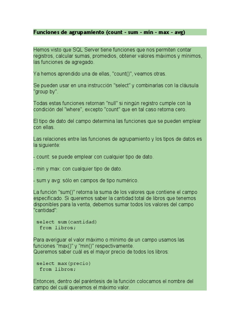 Funciones de Agrupamiento | PDF | SQL | Ingeniería de software