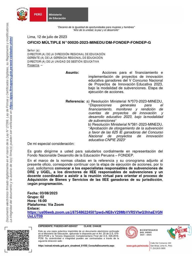 Oficio Multiple 00020 2023 Minedu DM Fondep Fondep G (R) | PDF