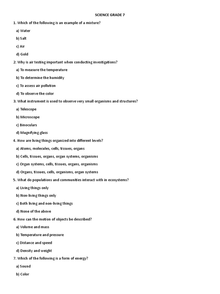 Grade 7 Science Quiz and Answers | PDF | Earth | Sun