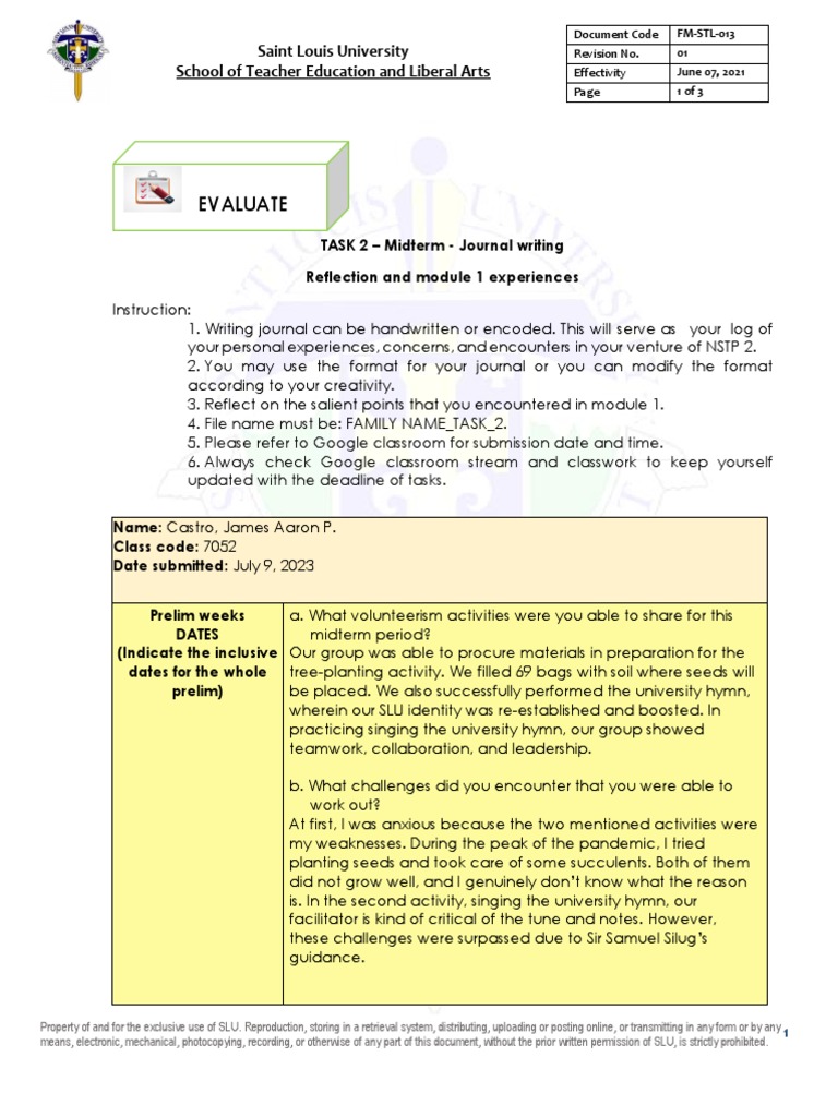 Module 1-Evaluate-Task 2-Prelim Journal Writing | PDF | Waste Management