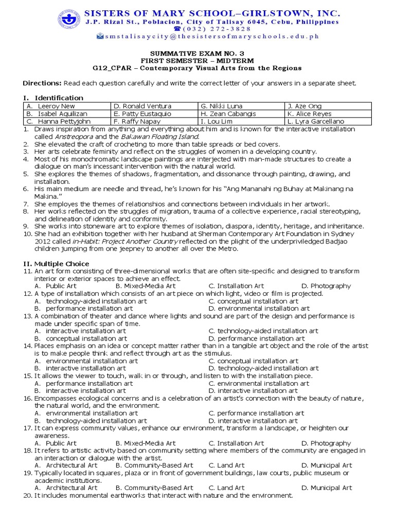 CPAR - June 15, 2023 - Summative 3 - Visual Arts - 100 COPIES - Back2Back - Mr. Maribohoc | PDF ...