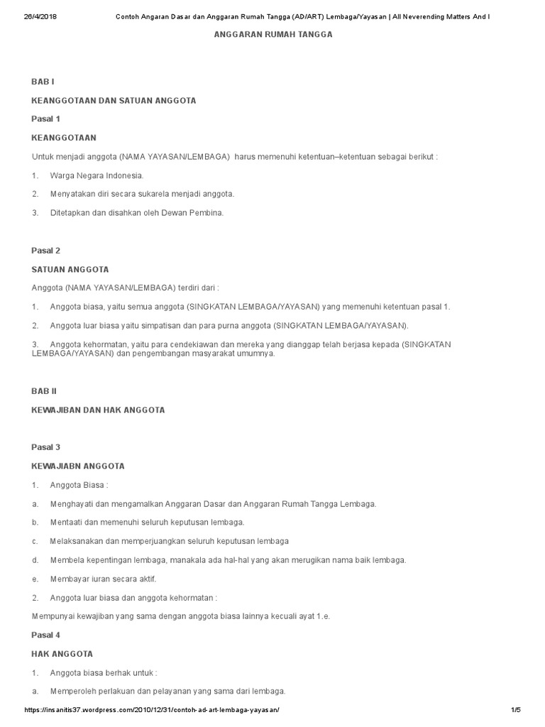 Contoh Angaran Dasar Dan Anggaran Rumah Tangga (AD - ART) Lembaga ...