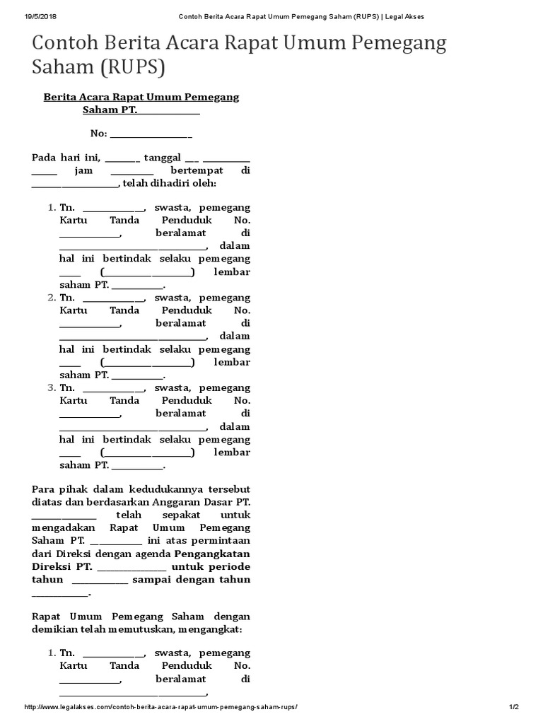 Contoh Berita Acara Rapat Umum Pemegang Saham (RUPS) - Legal Akses | PDF