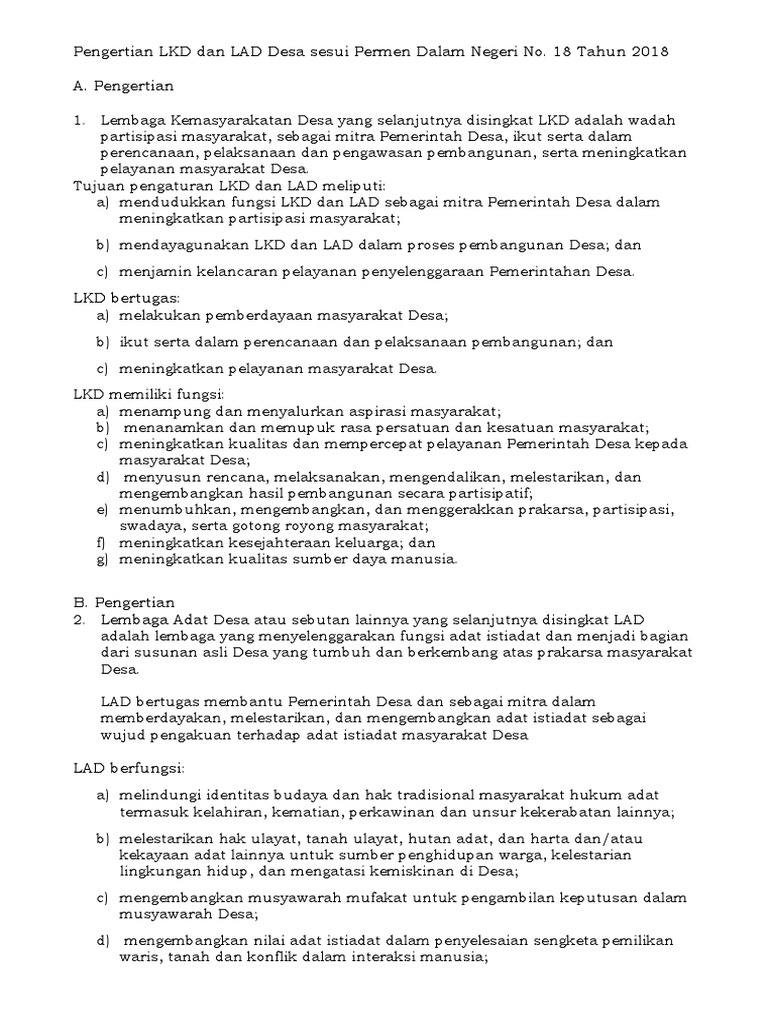 Pengertian LKD Dan LAD Desa Sesui Permen Dalam Negeri No | PDF | Ilmu ...