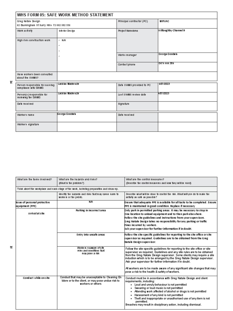 Housing Industry Site Safety Pack Form 5 Safe Work Method Statement | PDF | Personal Protective ...
