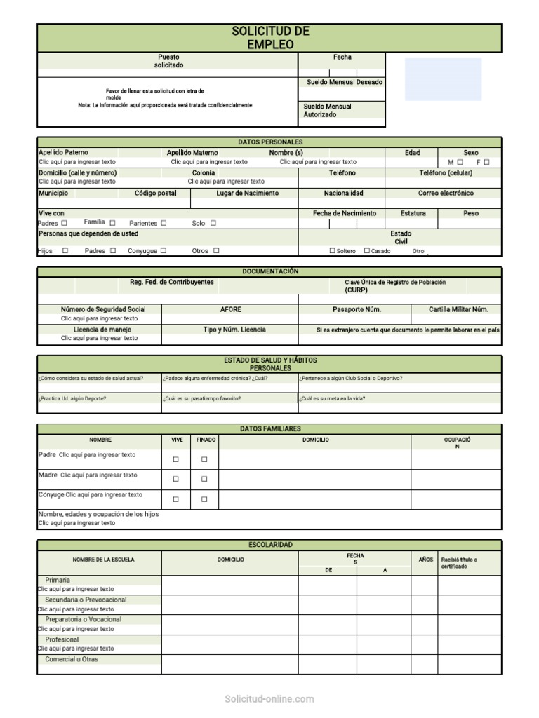 Solicitud de Empleo PDF Editable Verde | PDF