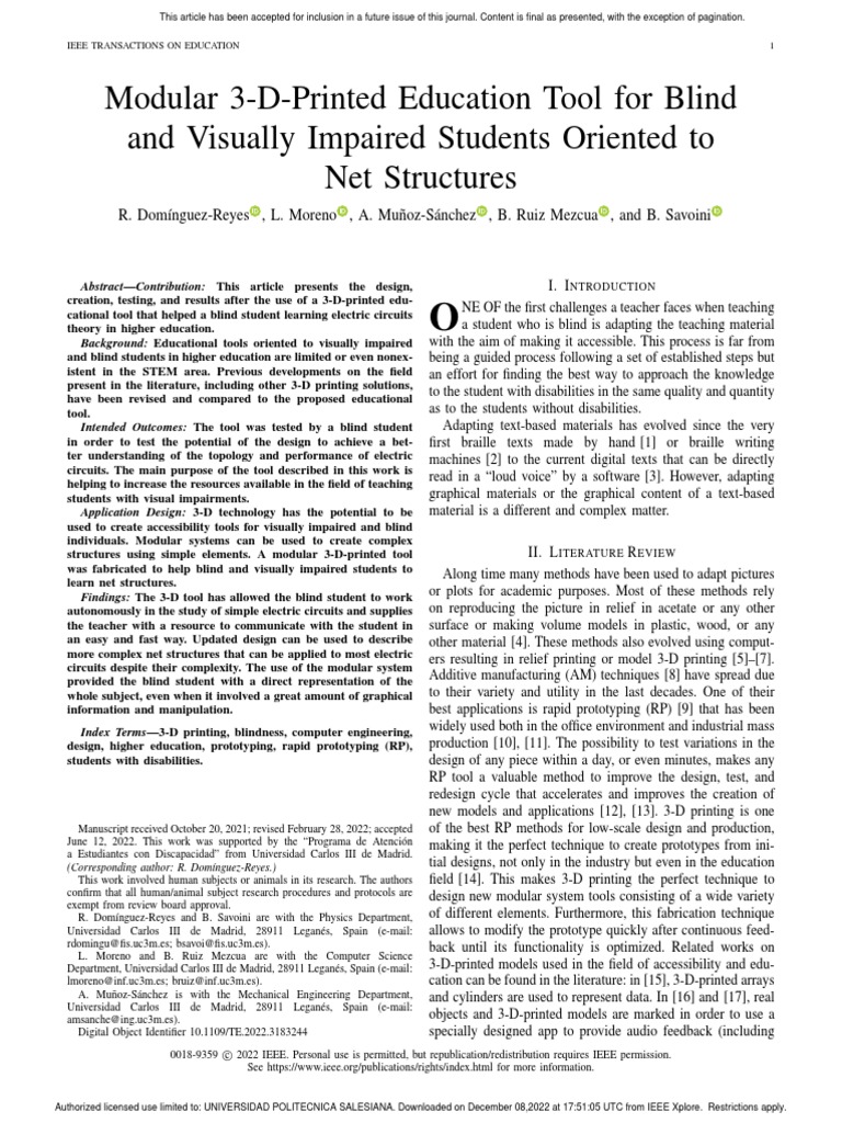 Modular 3-D-Printed Education Tool For Blind and Visually Impaired ...
