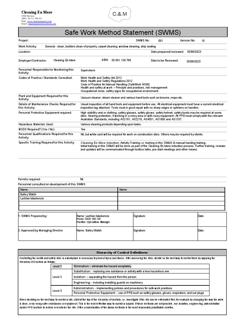 SWMS No1 V1.0 | PDF | Personal Protective Equipment | Risk