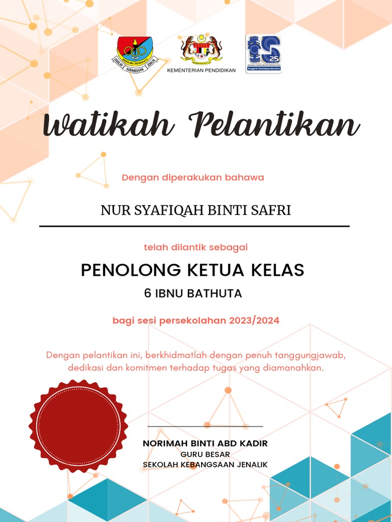 Sijil Penolong Ketua Kelas | PDF