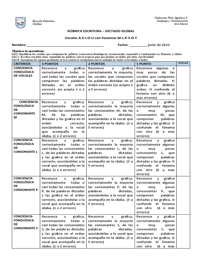 RÚBRICA ESCRITURA LENGUAJE 1ero Basico | PDF | Sílaba | Fonología