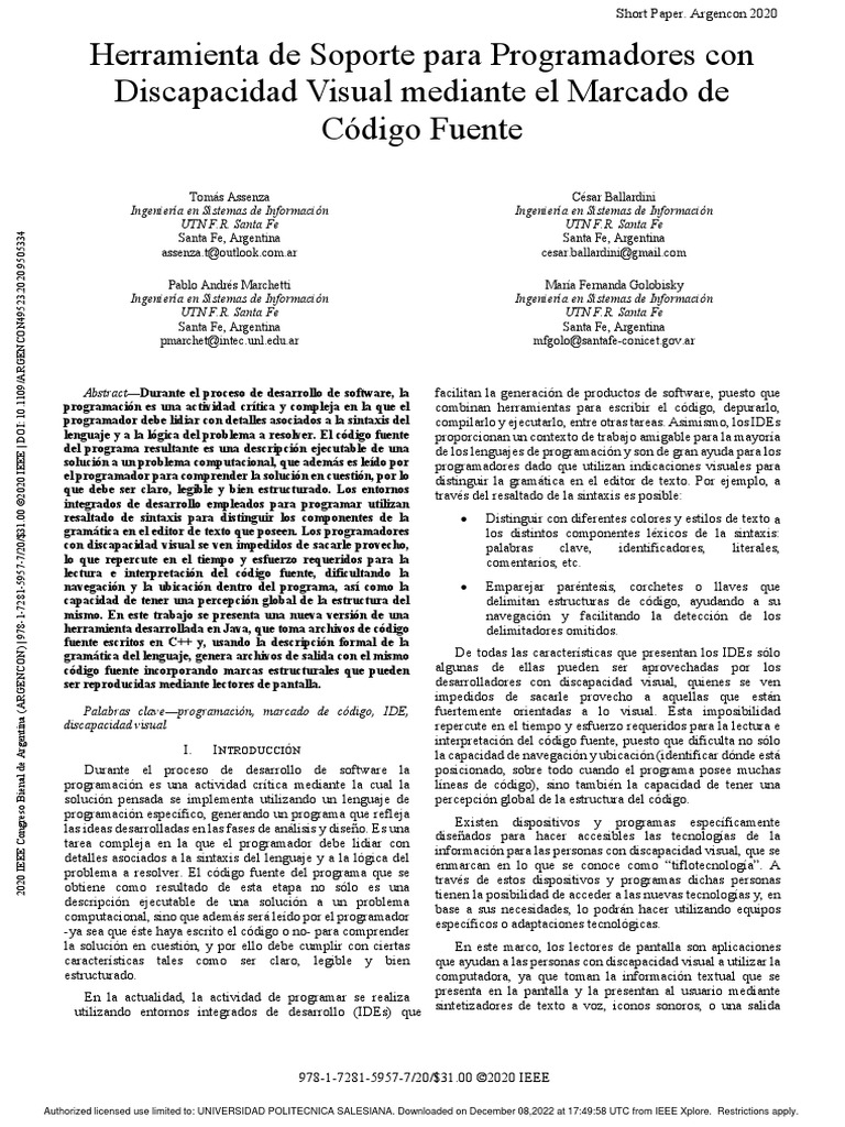 Herramienta de Soporte para Programadores Con Discapacidad Visual Mediante El Marcado de Cdigo ...