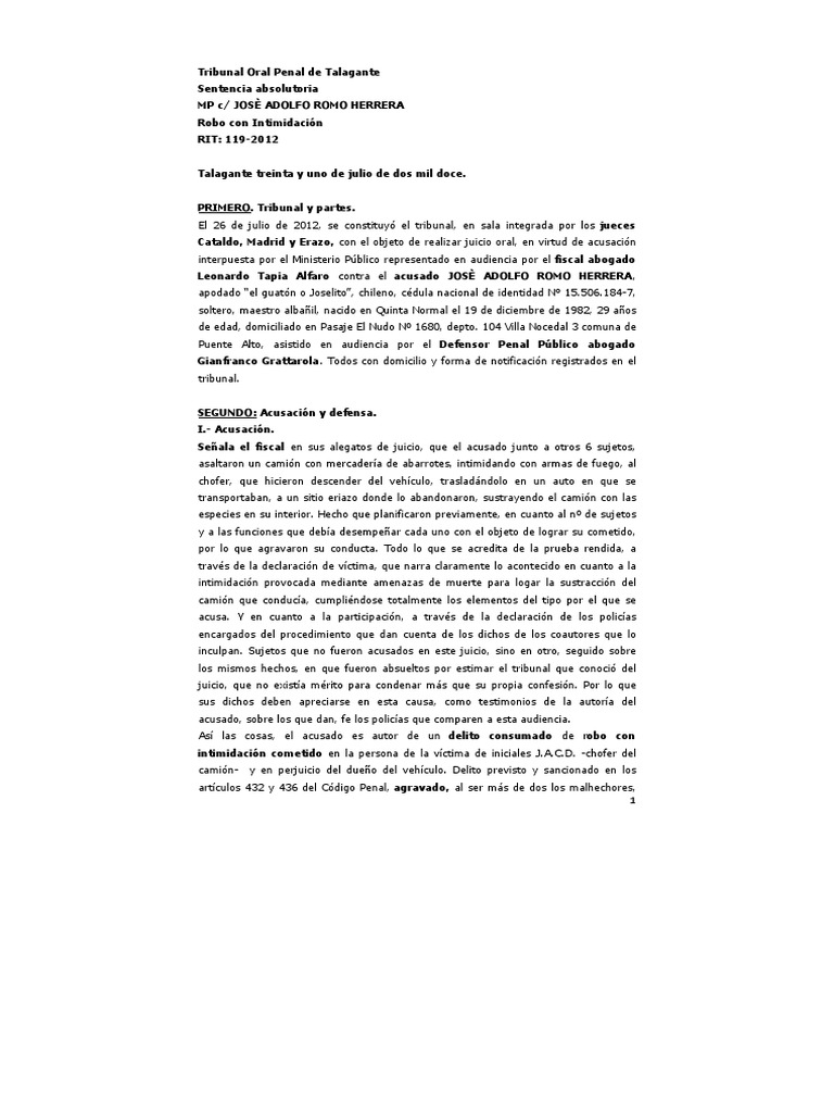 Estudio Sentencia Absolutoria | PDF | Sentencia (ley) | Testimonio