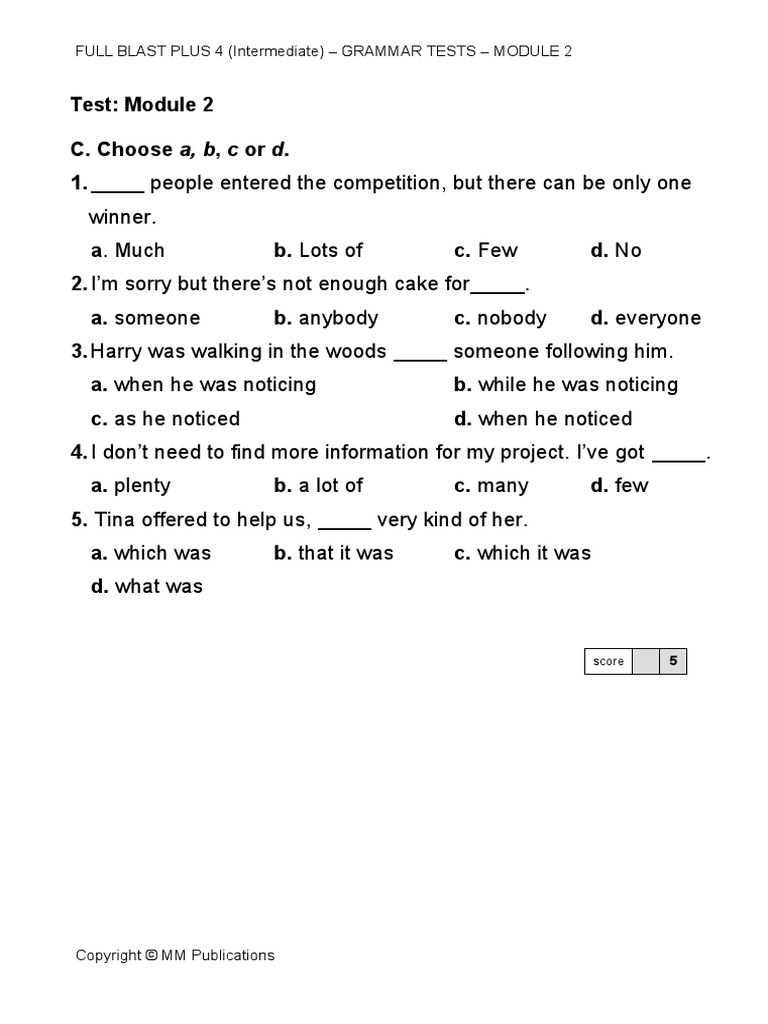 Full Blast PLUS 4 - Grammar Test - Module 2 | PDF