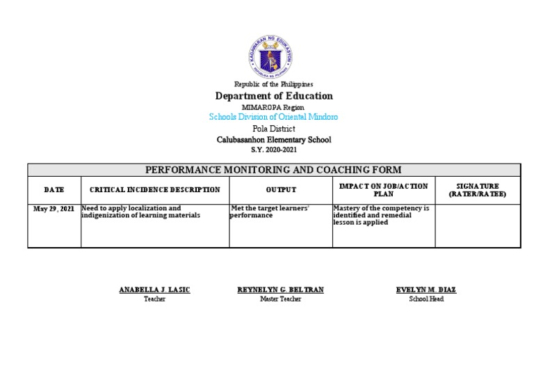 Performance Monitoring and Coaching Form | PDF