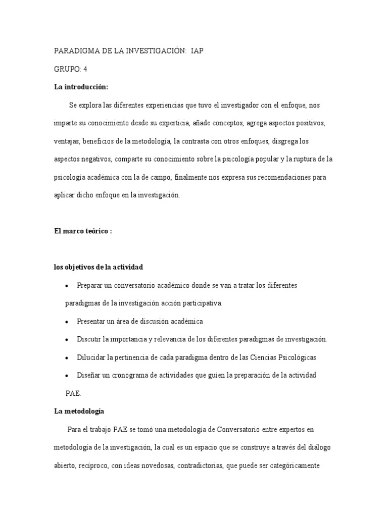 Informe PAE Conversatorio Metodología Investigación. Calderón-Jaramillo (IAP) | PDF | Paradigma ...