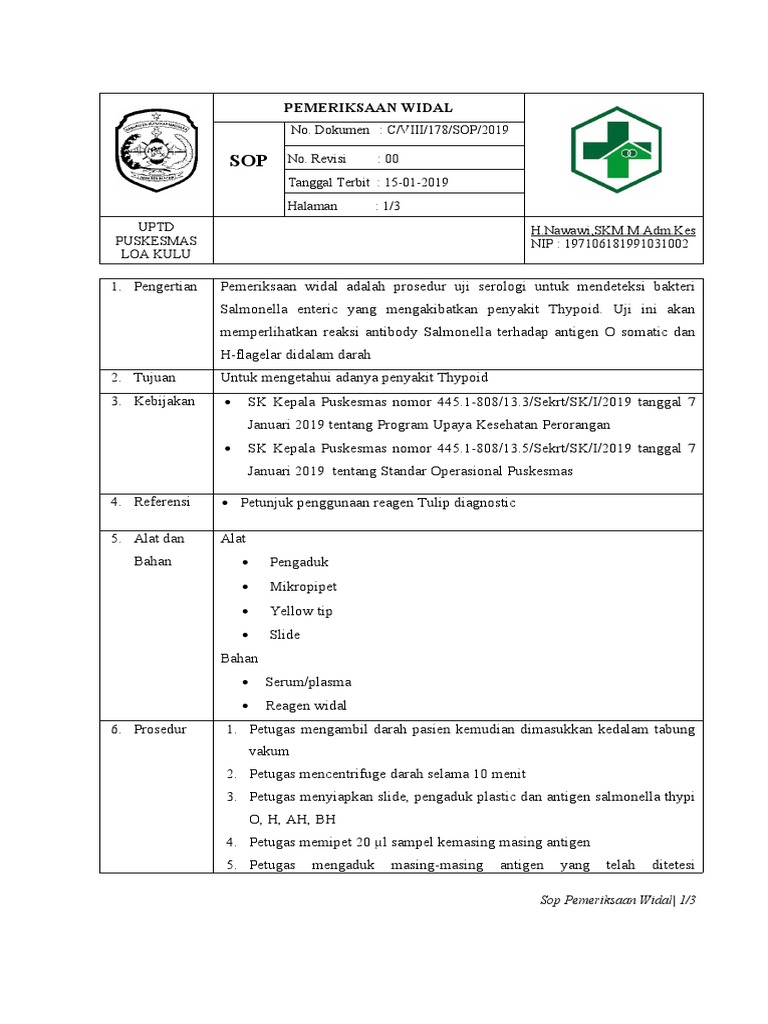 SOP Pemeriksaan Widal | PDF
