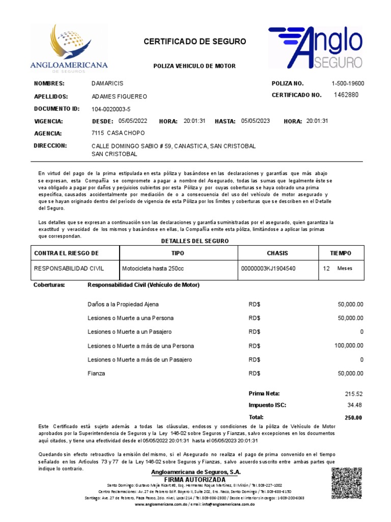 Certificado de Seguro 1462880 | PDF | Póliza de seguros | Seguro