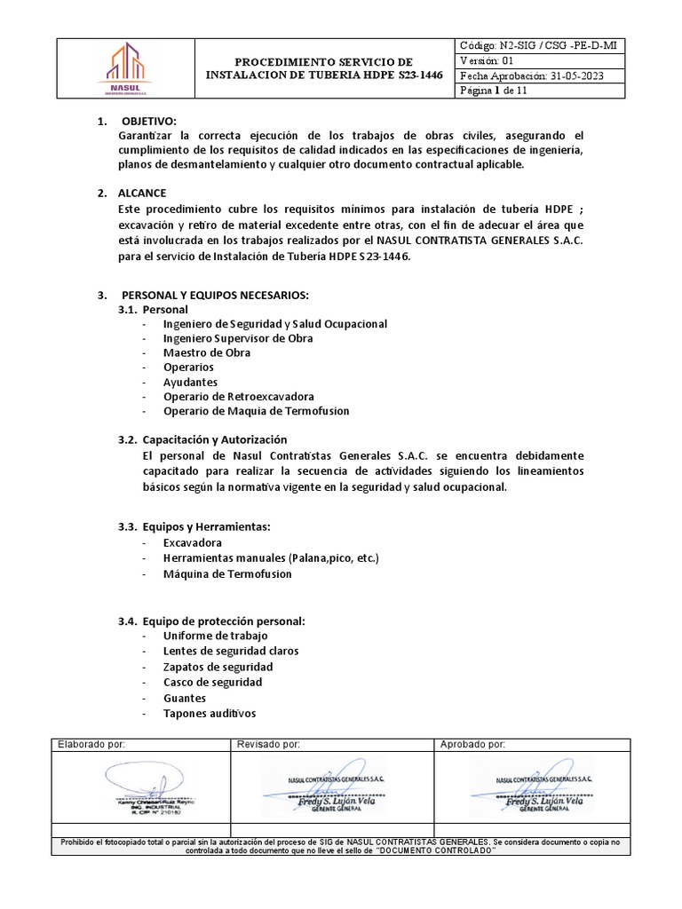 Procedimiento Instalacion de Tuberia HDPE | PDF | Seguridad y salud ocupacional | Tubería ...