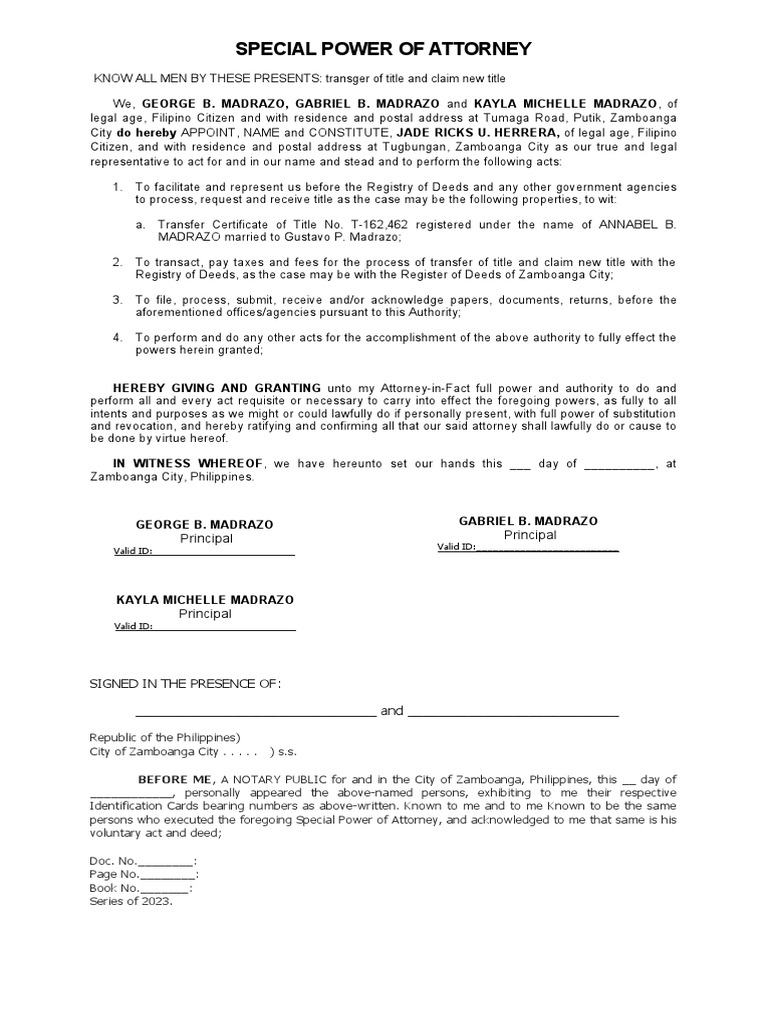 Special Power of Attorney for Title Transfer | PDF | Power Of Attorney ...
