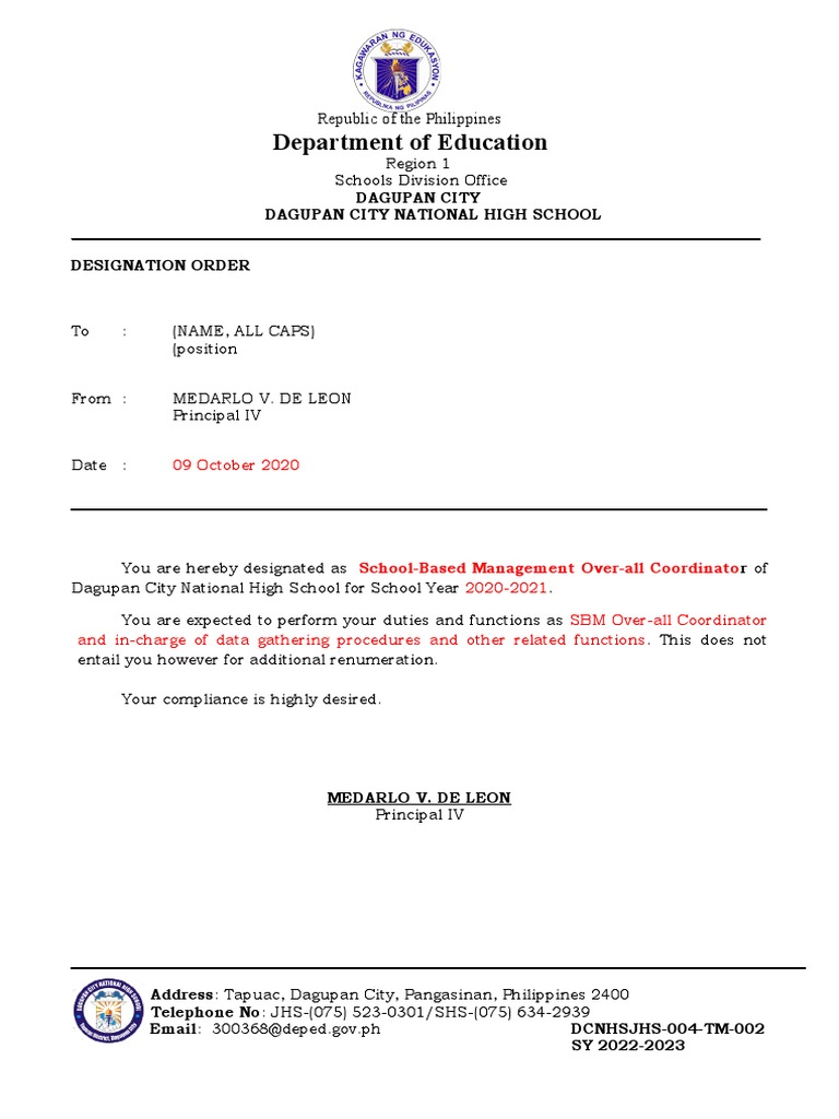 Revised Template Designation Order | PDF