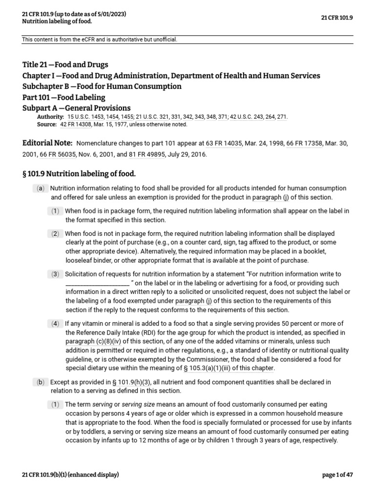 Nutrition Labeling Regulations Overview | PDF | Food Energy | Diet ...