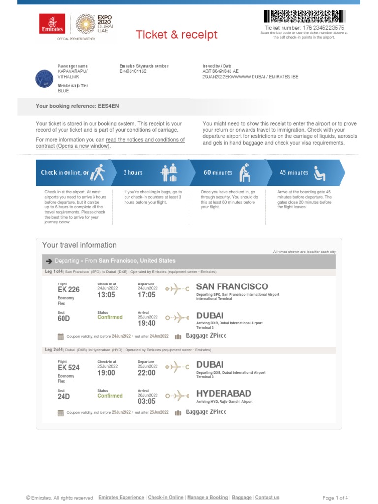 Emirates Ticket 1 | PDF | San Francisco International Airport | Aviation