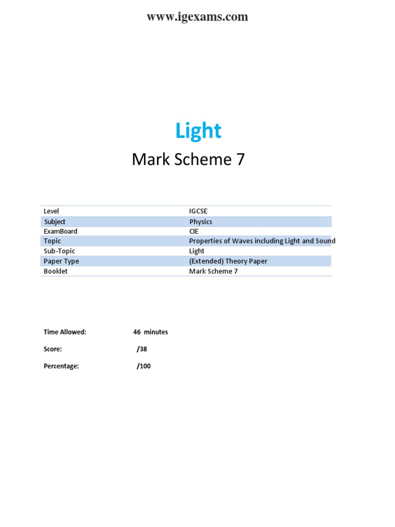 32 7 Light Cie Igcse Physics Ext Theory Ms Pdf Light Waves