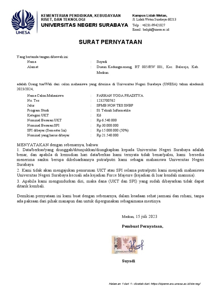 Surat Pernyataan Ukt | PDF