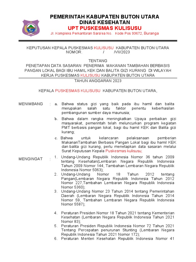 SK Penetapan Sasaran PMT Tahun 2023 | PDF