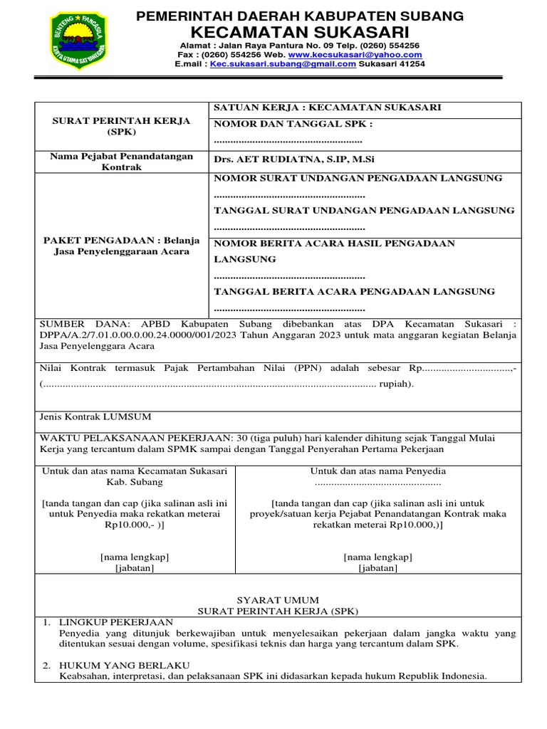 SPK Jasa Acara Kecamatan Sukasari | PDF | Pengelolaan Keuangan & Uang ...