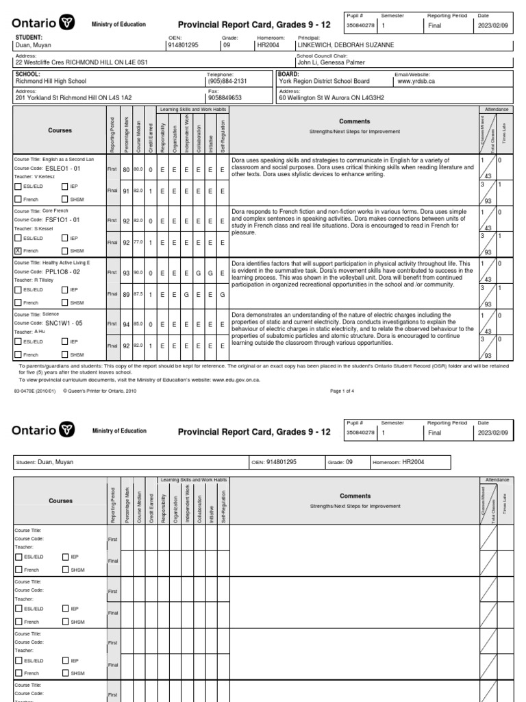 YRDSB Electronic Student Report Card - Secondary Semester 1 Report Card ...