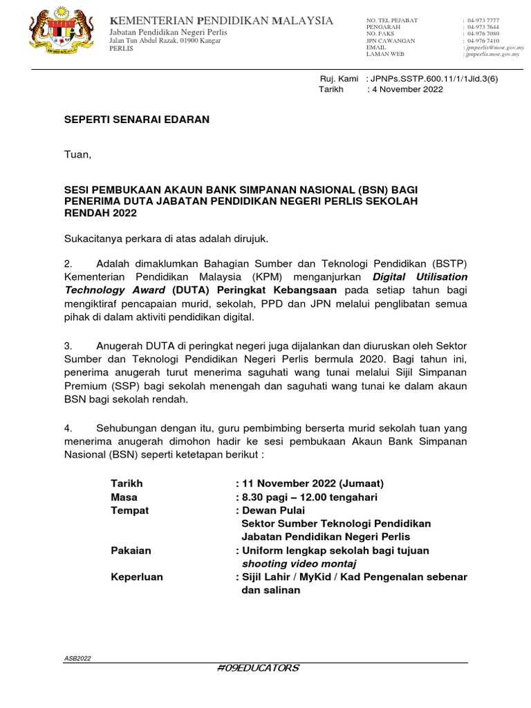 Pembukaan Akaun BSN Bagi Penerima Duta JPN Perlis SR 2022 | PDF