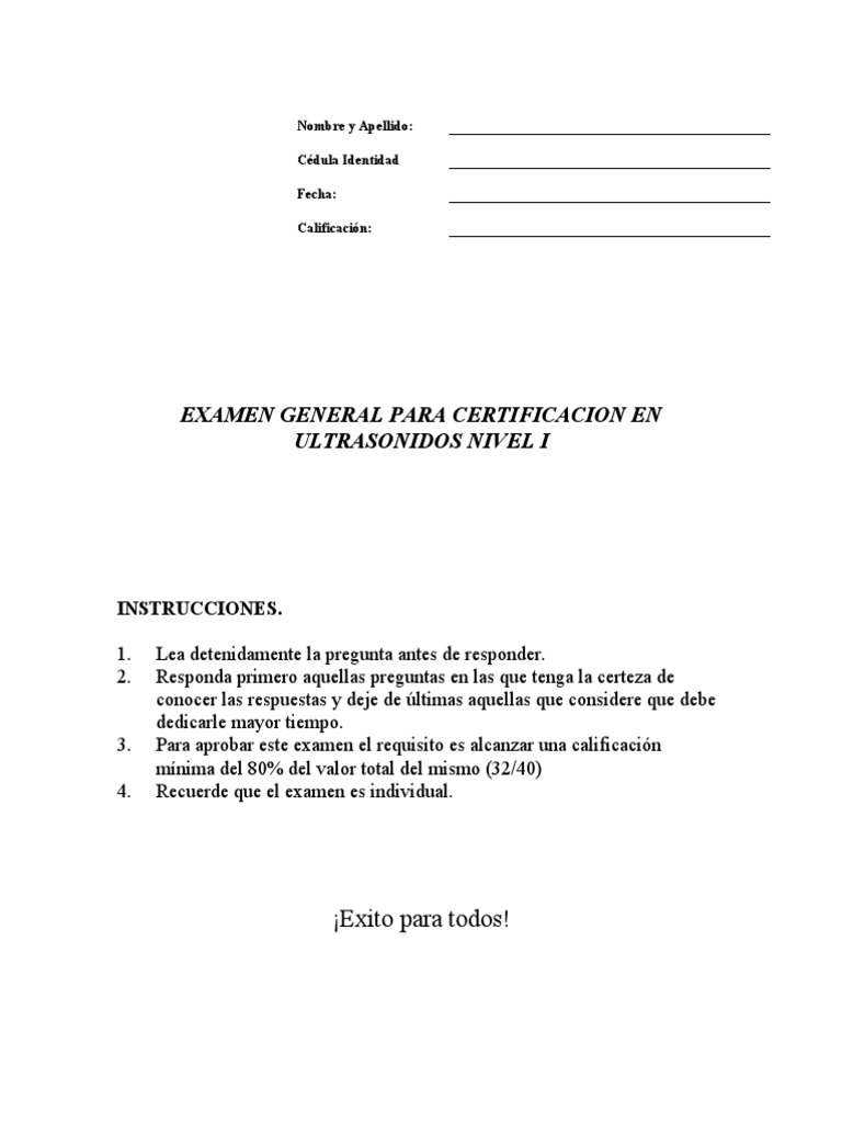 Examen de Certificación Ultrasonido Nivel I | PDF | Ultrasonido ...