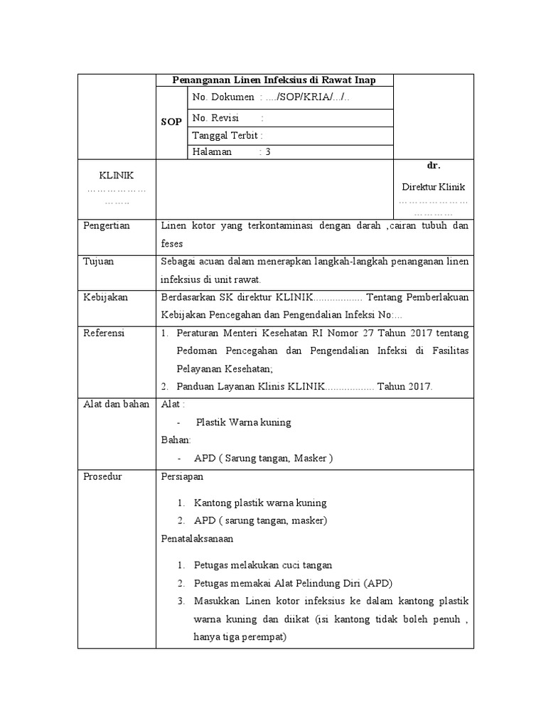 SOP Linen Infekius Di Rawat Inap | PDF