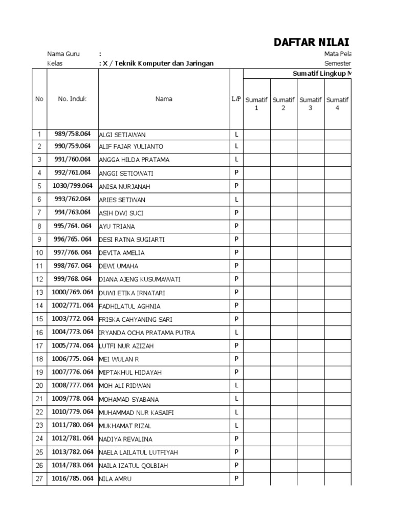 Form Nilai Kelas 2023 | PDF