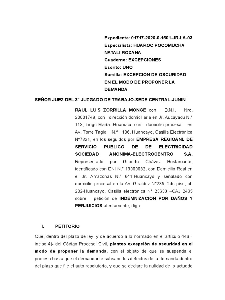 Excepcion Raul Luis Zorrilla Monge | PDF | Demanda judicial | Ley procesal