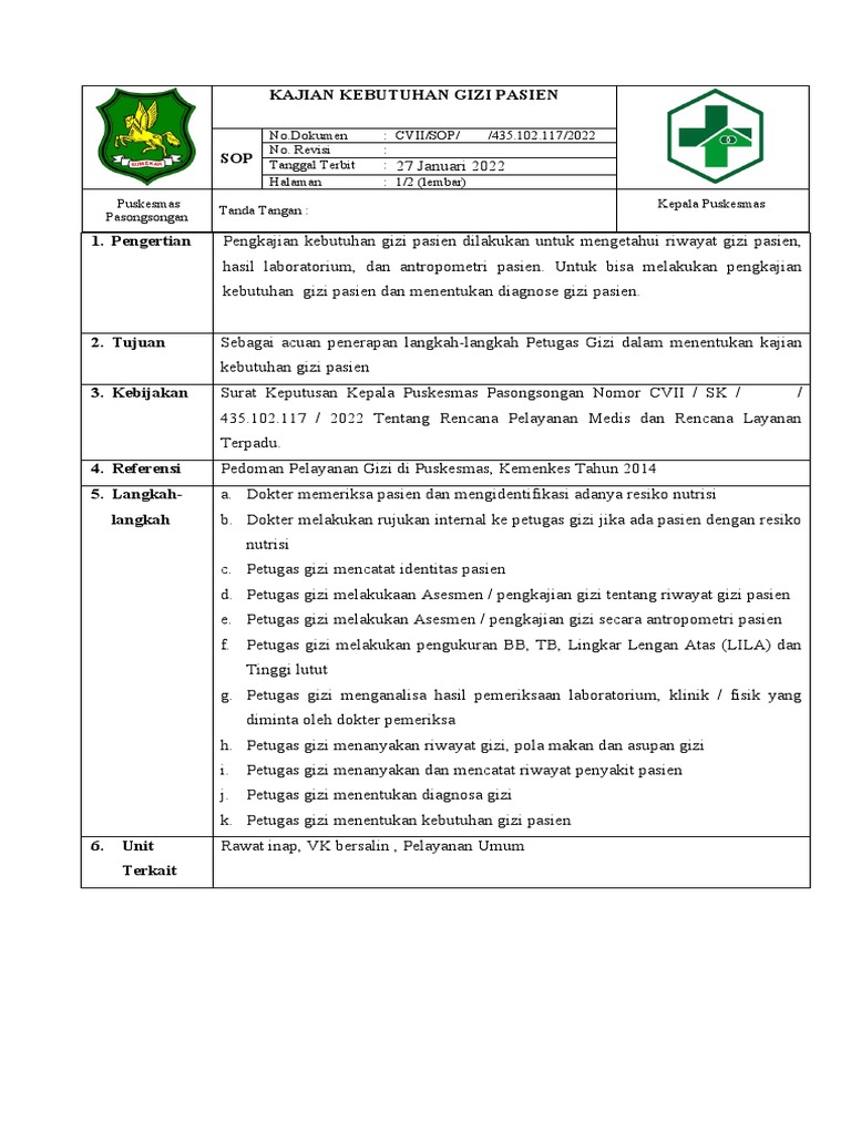 Sop Kajian Kebutuhan Gizi Pasien | PDF | Pengembangan Diri | Sains & Matematika