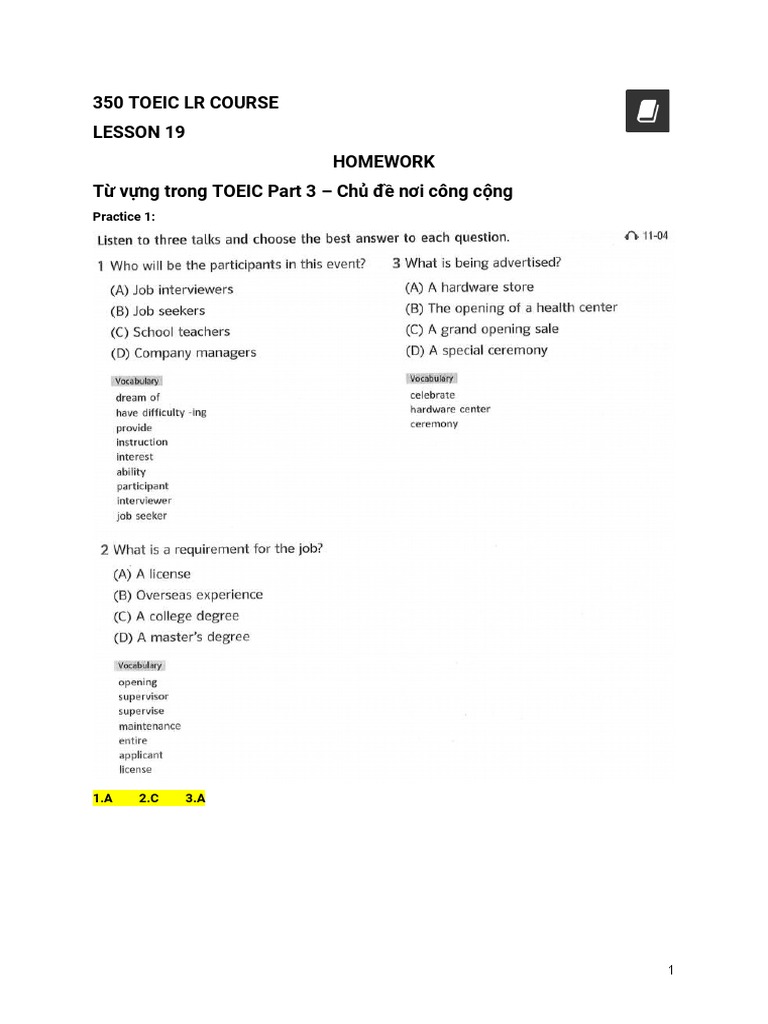 TOEIC Part 3 Vocabulary & Grammar Practice | PDF